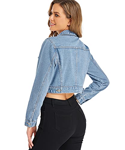 PEIQI Women’s Cropped Jean Denim Jacket Button Down Long Sleeve with Pockets Light Blue Medium