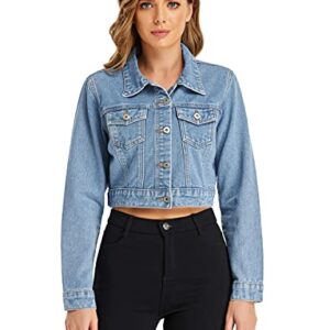 PEIQI Women’s Cropped Jean Denim Jacket Button Down Long Sleeve with Pockets Light Blue Medium