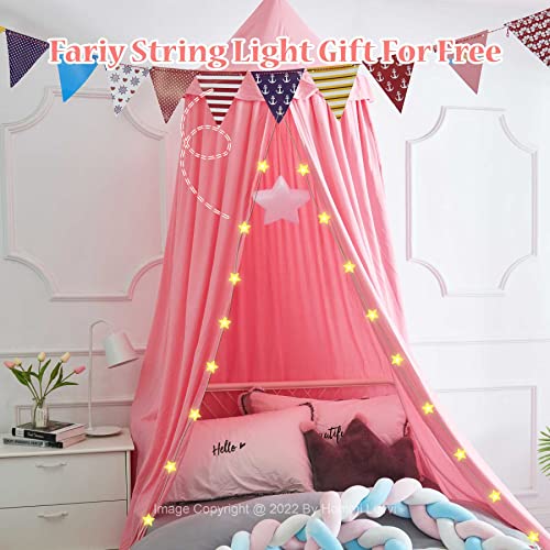 Hommi Lovvi Bed Canopy for Girls, Dreamy Frills Ceiling Hanging Princess Canopy Bedroom Decoration Soft Canopy Net Reading Nook, Extra Large Full Queen Size Bed Canopies - Pink