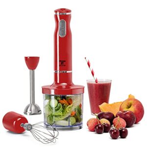 moss & stone hand blender electric - with egg whisk & chopper, powerful 300- watt - immersion hand blender, hand mixer set stainless steel shaft & blades, handheld blender with ergonomic handle, red blender