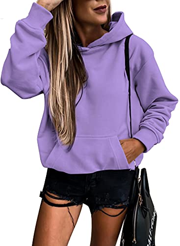 SHEWIN Womens Sweatshirt Long Sleeve Fleece Hoodies Pullover Tops Lightweight 2023 Fall Fashion Oversized Sweatshirts for Women Loose fit,US 8-10(M),Purple