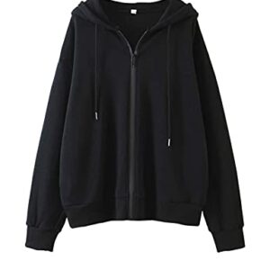 Meladyan Women Oversized Solid Zip Up Hoodie Drawstring Hooded Long Sleeve Fleece Vintage Sweatshirts Jackets Pockets 90s Black