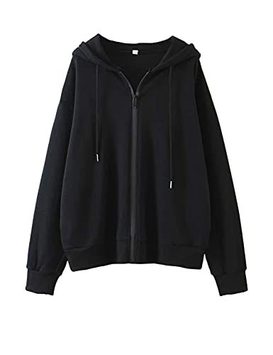 Meladyan Women Oversized Solid Zip Up Hoodie Drawstring Hooded Long Sleeve Fleece Vintage Sweatshirts Jackets Pockets 90s Black