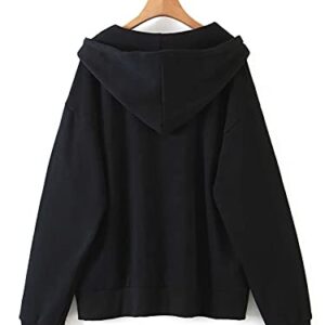 Meladyan Women Oversized Solid Zip Up Hoodie Drawstring Hooded Long Sleeve Fleece Vintage Sweatshirts Jackets Pockets 90s Black