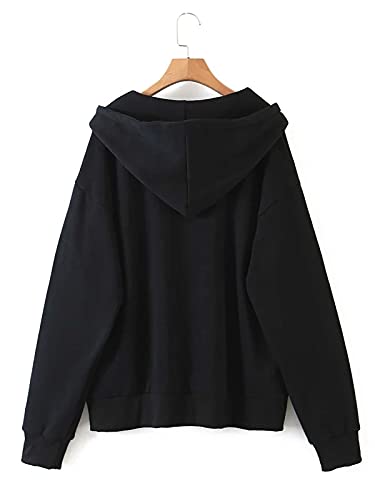 Meladyan Women Oversized Solid Zip Up Hoodie Drawstring Hooded Long Sleeve Fleece Vintage Sweatshirts Jackets Pockets 90s Black