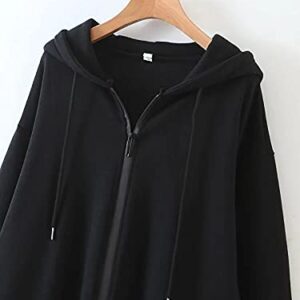 Meladyan Women Oversized Solid Zip Up Hoodie Drawstring Hooded Long Sleeve Fleece Vintage Sweatshirts Jackets Pockets 90s Black