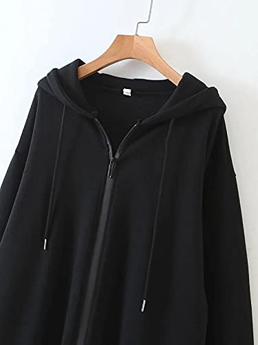 Meladyan Women Oversized Solid Zip Up Hoodie Drawstring Hooded Long Sleeve Fleece Vintage Sweatshirts Jackets Pockets 90s Black