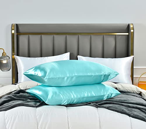 Alexandra's Secret Home Collection Satin Pillowcase for Hair and Skin, Pack of 2 - Feels Like Real Silk Pillow Cover - Satin Pillow Cases Set of 2 with Zipper Closure (Aqua, Standard)