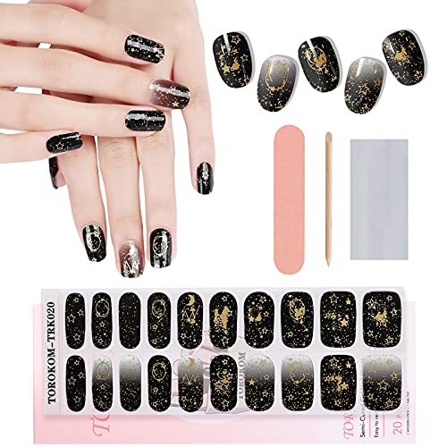 Semi Cured Gel Nail Strips, TOROKOM 20 Stickers Black Star Moon Gel Nail Polish Stickers Wraps Adhesive Gel Nail Stickers with Nail File Stick and Sealing Strip (UV/LED Lamp Required)