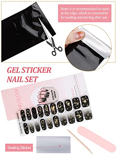 Semi Cured Gel Nail Strips, TOROKOM 20 Stickers Black Star Moon Gel Nail Polish Stickers Wraps Adhesive Gel Nail Stickers with Nail File Stick and Sealing Strip (UV/LED Lamp Required)