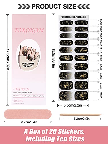 Semi Cured Gel Nail Strips, TOROKOM 20 Stickers Black Star Moon Gel Nail Polish Stickers Wraps Adhesive Gel Nail Stickers with Nail File Stick and Sealing Strip (UV/LED Lamp Required)