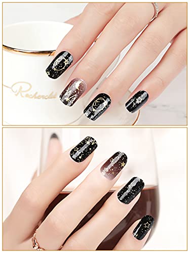 Semi Cured Gel Nail Strips, TOROKOM 20 Stickers Black Star Moon Gel Nail Polish Stickers Wraps Adhesive Gel Nail Stickers with Nail File Stick and Sealing Strip (UV/LED Lamp Required)