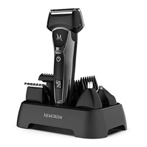 memorism multifunction men’s grooming kit - foil shaver 4-attachment body hair, nose, beard trimmer with adjustable guard heights - rechargeable with led display blizz gs5 (black)