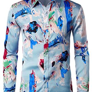 ZEROYAA Men's Hipster Splash Printed Slim Fit Long Sleeve Button Up Satin Dress Shirts for Party Prom ZLCL36-101-Blue X-Large