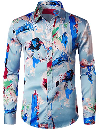 ZEROYAA Men's Hipster Splash Printed Slim Fit Long Sleeve Button Up Satin Dress Shirts for Party Prom ZLCL36-101-Blue X-Large