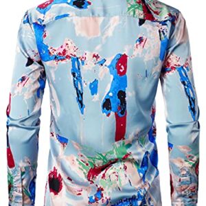 ZEROYAA Men's Hipster Splash Printed Slim Fit Long Sleeve Button Up Satin Dress Shirts for Party Prom ZLCL36-101-Blue X-Large