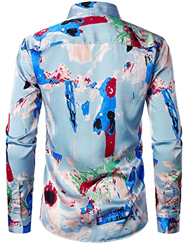 ZEROYAA Men's Hipster Splash Printed Slim Fit Long Sleeve Button Up Satin Dress Shirts for Party Prom ZLCL36-101-Blue X-Large