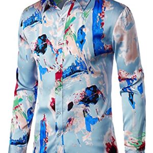 ZEROYAA Men's Hipster Splash Printed Slim Fit Long Sleeve Button Up Satin Dress Shirts for Party Prom ZLCL36-101-Blue X-Large