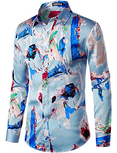 ZEROYAA Men's Hipster Splash Printed Slim Fit Long Sleeve Button Up Satin Dress Shirts for Party Prom ZLCL36-101-Blue X-Large