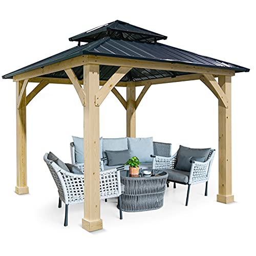 Tangkula 10 x 10 FT Outdoor Hardtop Gazebo, Double Roof Patio Gazebo with Pine Wood Frame & Galvanized Steel Top, All-Weather Pergolas Shelter for Garden, Patio, Lawns, Poolside