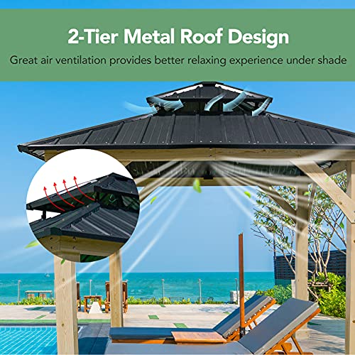 Tangkula 10 x 10 FT Outdoor Hardtop Gazebo, Double Roof Patio Gazebo with Pine Wood Frame & Galvanized Steel Top, All-Weather Pergolas Shelter for Garden, Patio, Lawns, Poolside