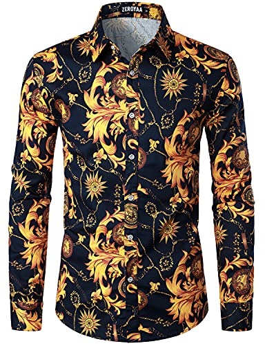 ZEROYAA Men's Luxury Printed Slim Fit Long Sleeve Casual Button Down Stretch Floral Shirt ZLCL37-103-Navy Medium