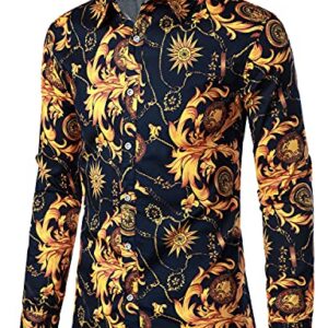 ZEROYAA Men's Luxury Printed Slim Fit Long Sleeve Casual Button Down Stretch Floral Shirt ZLCL37-103-Navy Medium