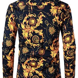 ZEROYAA Men's Luxury Printed Slim Fit Long Sleeve Casual Button Down Stretch Floral Shirt ZLCL37-103-Navy Medium