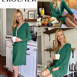 Ekouaer Women's Nightshirt Long Sleeve Button Down Nightgown V-Neck Sleepwear Pajama Dress Green