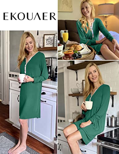 Ekouaer Women's Nightshirt Long Sleeve Button Down Nightgown V-Neck Sleepwear Pajama Dress Green