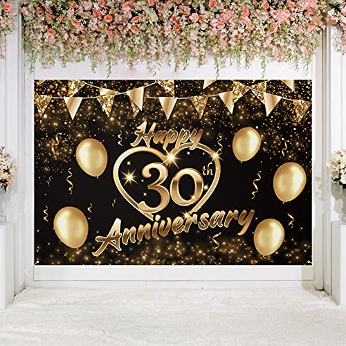 5665 Happy 30th Anniversary Backdrop Banner Decor Black Gold – Glitter Love Heart Happy 30 Years Wedding Anniversary Party Theme Decorations for Women Men Supplies