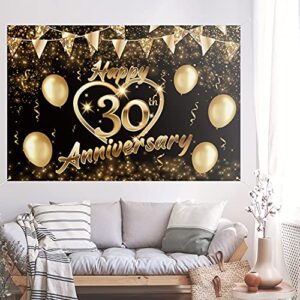 5665 Happy 30th Anniversary Backdrop Banner Decor Black Gold – Glitter Love Heart Happy 30 Years Wedding Anniversary Party Theme Decorations for Women Men Supplies