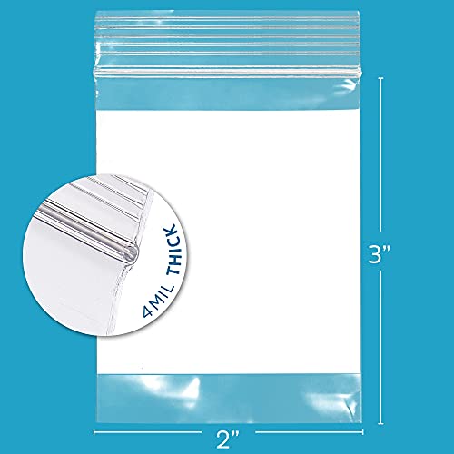 GPI - 2" x 3" - Bulk Pack of 100, 4 Mil Thick, Heavy Duty, Clear Plastic Reclosable Zip Bags, with Write-on White Block for Labeling, Strong & Durable Poly Baggies with Resealable Zipper Top Lock.