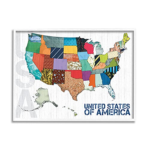 Stupell Industries United States of America Map Quilted Pattern Borders, Designed by Lauren Gibbons White Framed Wall Art, 16 x 20, Multi-Color