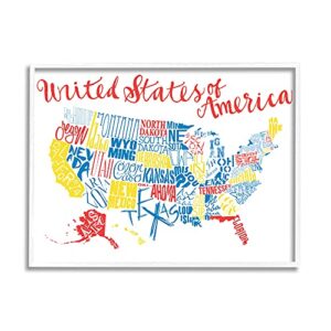 stupell industries united states of america typography map primary tones, designed by jace grey white framed wall art, 16 x 20, blue