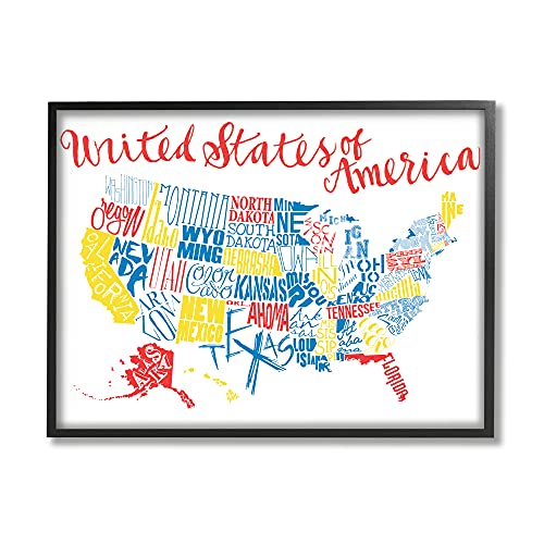 Stupell Industries United States of America Typography Map Primary Tones, Designed by Jace Grey Black Framed Wall Art, 16 x 20, Blue