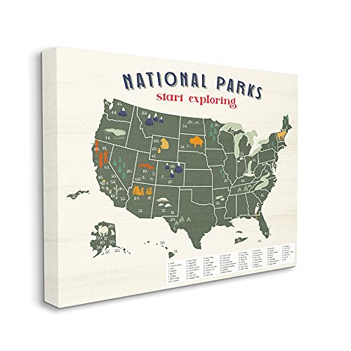 Stupell Industries National Parks Map with Numbered Key United States, Designed by Daphne Polselli Canvas Wall Art, 16 x 20, Green