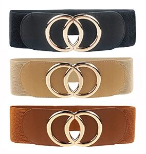 swtddy women's elastic wide stretchy waist cinch belt waistband for dresses (suit for waist size 36"-45", golden o design black+khaki+camel)