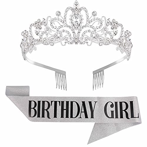 LetsCare Birthday Girl Sash and Tiara for Women Birthday Sash & Rhinestone Crown with Comb, Gift Kit for Birthday Decorations & Party Favors(Sliver)