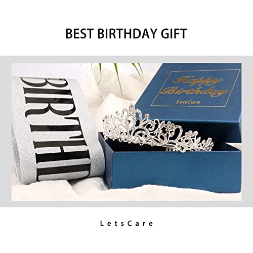 LetsCare Birthday Girl Sash and Tiara for Women Birthday Sash & Rhinestone Crown with Comb, Gift Kit for Birthday Decorations & Party Favors(Sliver)