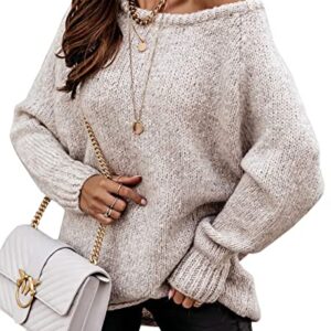 BTFBM Women Casual Long Sleeve Fall Sweaters Crew Neck Solid Color Soft Ribbed Knitted Oversized Pullover Loose Fit Jumper(Solid Apricot, Large)