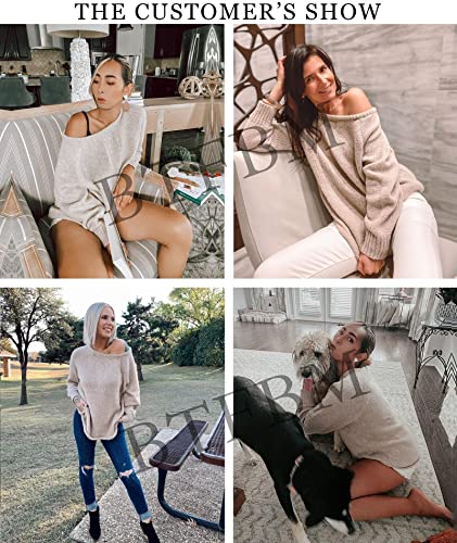 BTFBM Women Casual Long Sleeve Fall Sweaters Crew Neck Solid Color Soft Ribbed Knitted Oversized Pullover Loose Fit Jumper(Solid Apricot, Large)