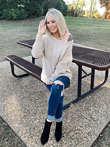 BTFBM Women Casual Long Sleeve Fall Sweaters Crew Neck Solid Color Soft Ribbed Knitted Oversized Pullover Loose Fit Jumper(Solid Apricot, Large)