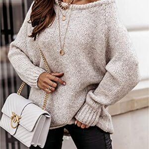 BTFBM Women Casual Long Sleeve Fall Sweaters Crew Neck Solid Color Soft Ribbed Knitted Oversized Pullover Loose Fit Jumper(Solid Apricot, Large)