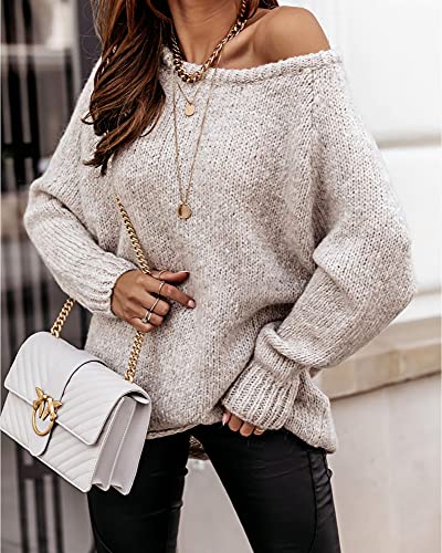 BTFBM Women Casual Long Sleeve Fall Sweaters Crew Neck Solid Color Soft Ribbed Knitted Oversized Pullover Loose Fit Jumper(Solid Apricot, Large)