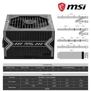 MSI MAG A550BN Gaming Power Supplyr - 80 Plus Bronze Certified 550W - Compact Size - ATX PSU