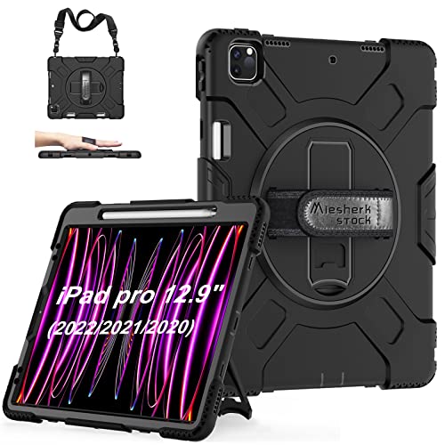 Case for iPad Pro 12.9 2022 6th Generation/2021 5th Gen: Military Grade Silicone Protective Cover for iPad 12.9 2020 Inch 4th Gen W/Pencil Holder - Stand - Handle - Shoulder Strap Black