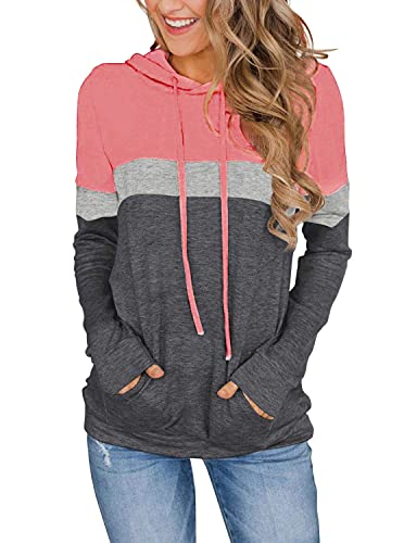 Lylinan Womens Tops Ladies Shirts Trendy Casual Tunic Long Sleeve Hoodies Pullover Sweatshirts Loose Fitting Tee Fall Fashion Style Clothing Pink Grey X-Large