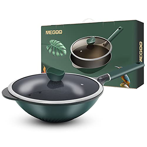 MEGOO Kitchenware cookwear Non Stick Wok Pan With Lid,(PFA,PFOA Free),Frying Wok Pan Suitable For Induction,Gas Cooktops,Ceramic And Electric Stove (Aluminium, 12 Inch)