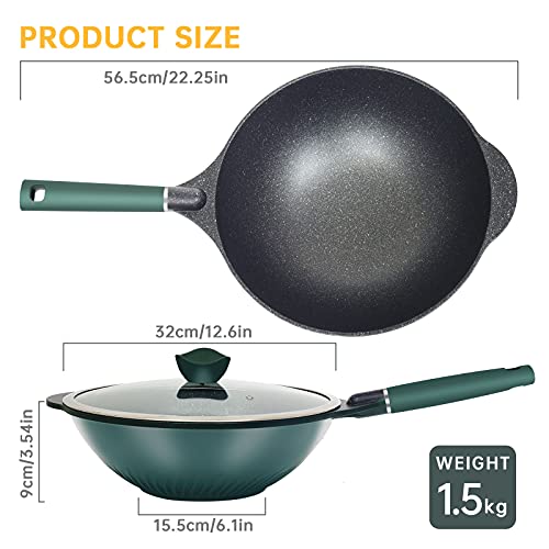 MEGOO Kitchenware cookwear Non Stick Wok Pan With Lid,(PFA,PFOA Free),Frying Wok Pan Suitable For Induction,Gas Cooktops,Ceramic And Electric Stove (Aluminium, 12 Inch)